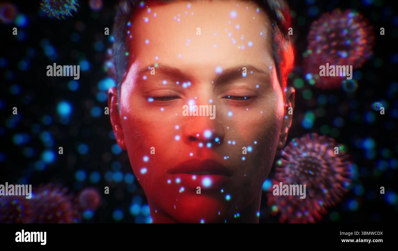 Scientific visualization of person surrounded by magnified bacteria and ...
