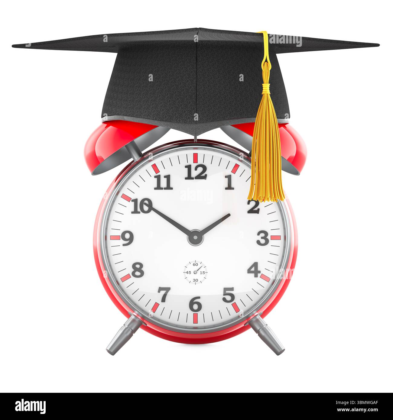 Alarm clock with graduation cap. Education time management, concept. 3d ...