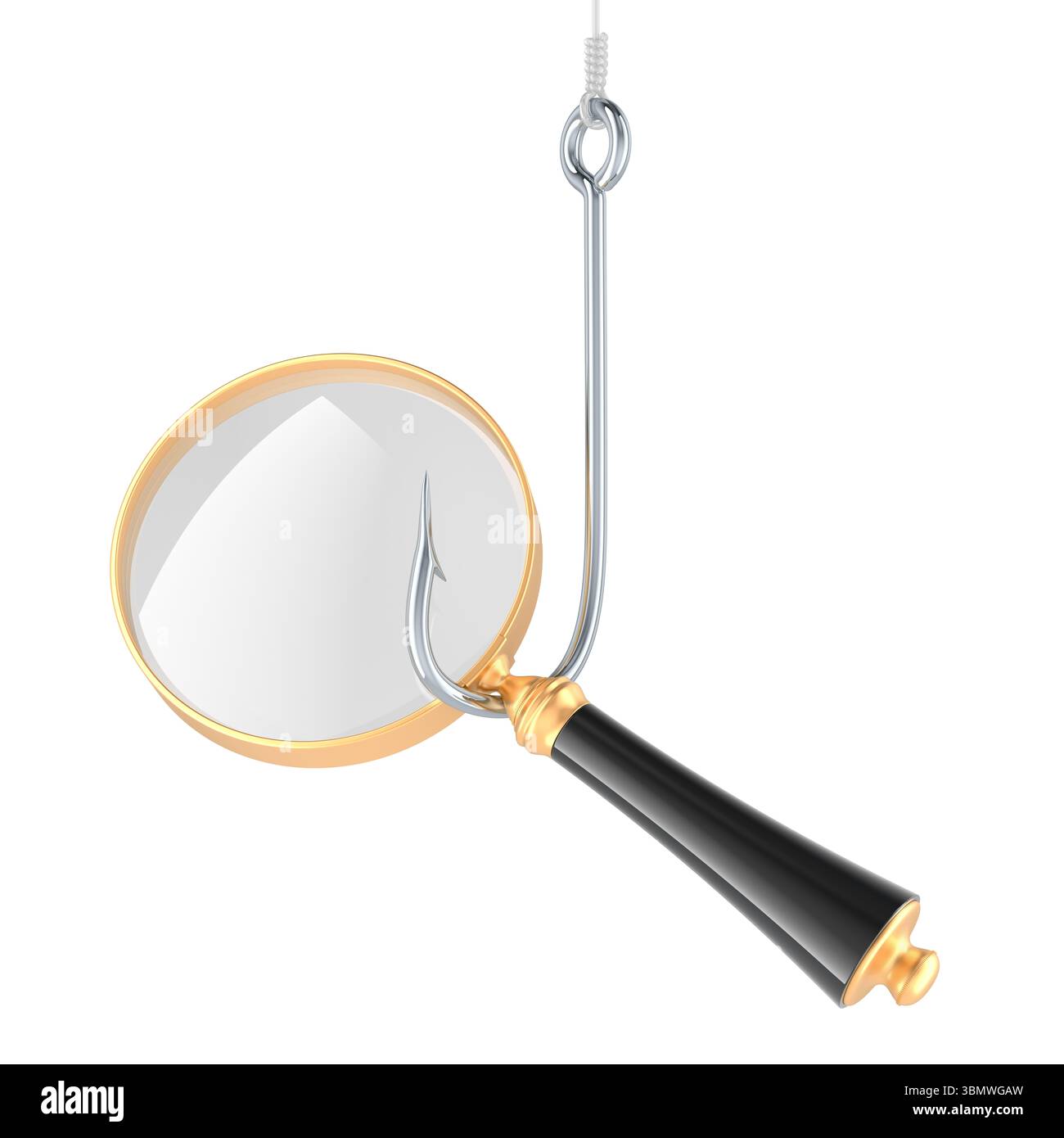 Magnifying glass on fish hook. Search, investigation and phishing scam ...