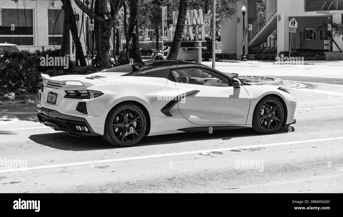 Miami Beach, Florida USA - June 9, 2024: Chevy Corvette 3LT at ocean drive miami beach. lime ...