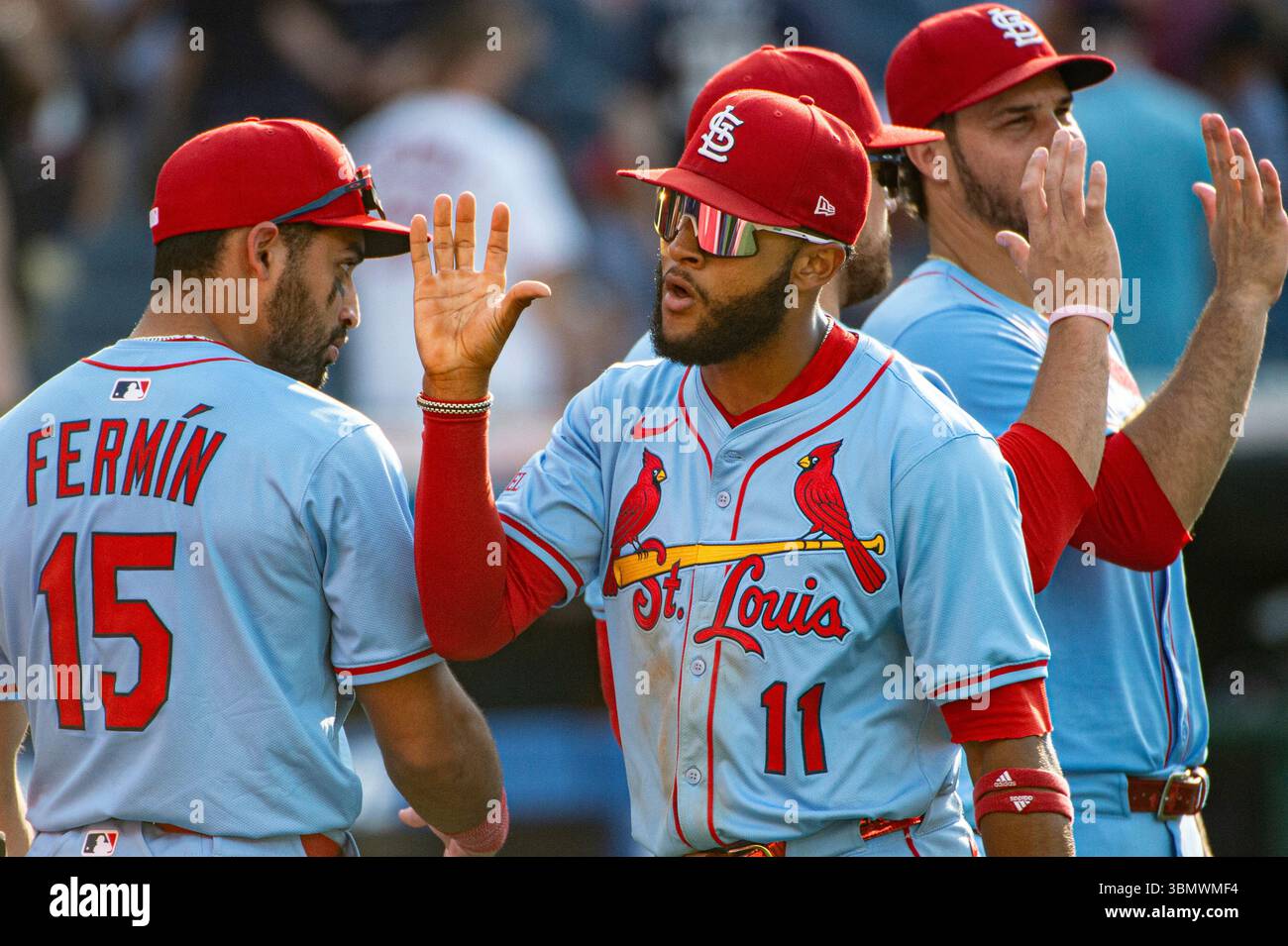 St. Louis Cardinals' Victor Scott II (11) celebrates with Jose Fermine ...