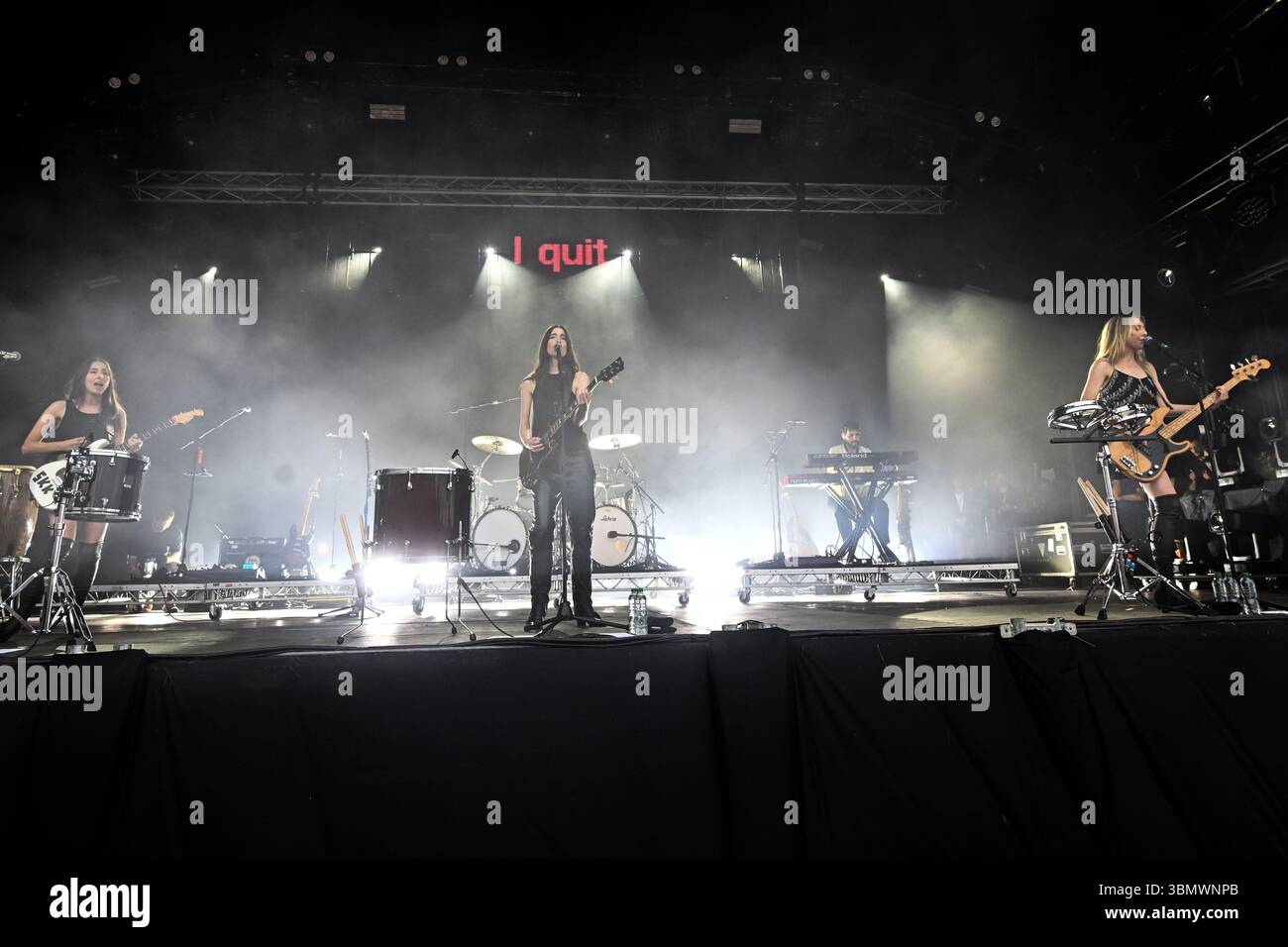 Somerset, UK. 28 June 2025. Haim performing during the Glastonbury ...