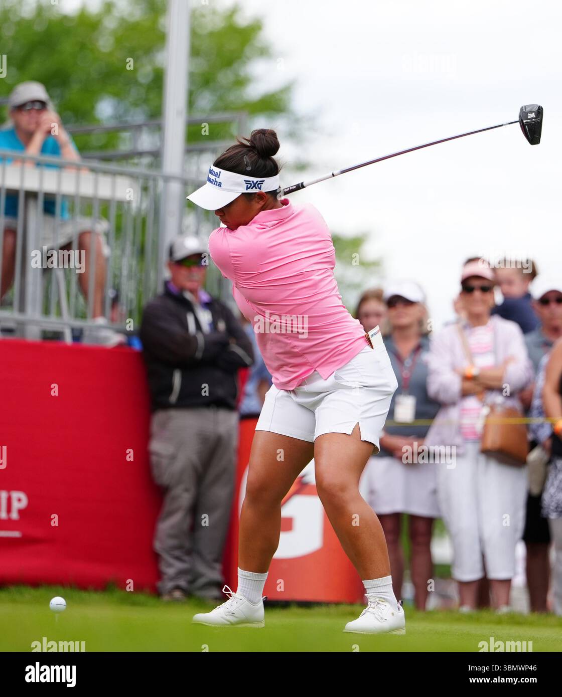 MIDLAND, MI - JUNE 28: LPGA golfer Megan Khang plays her tee shot on ...