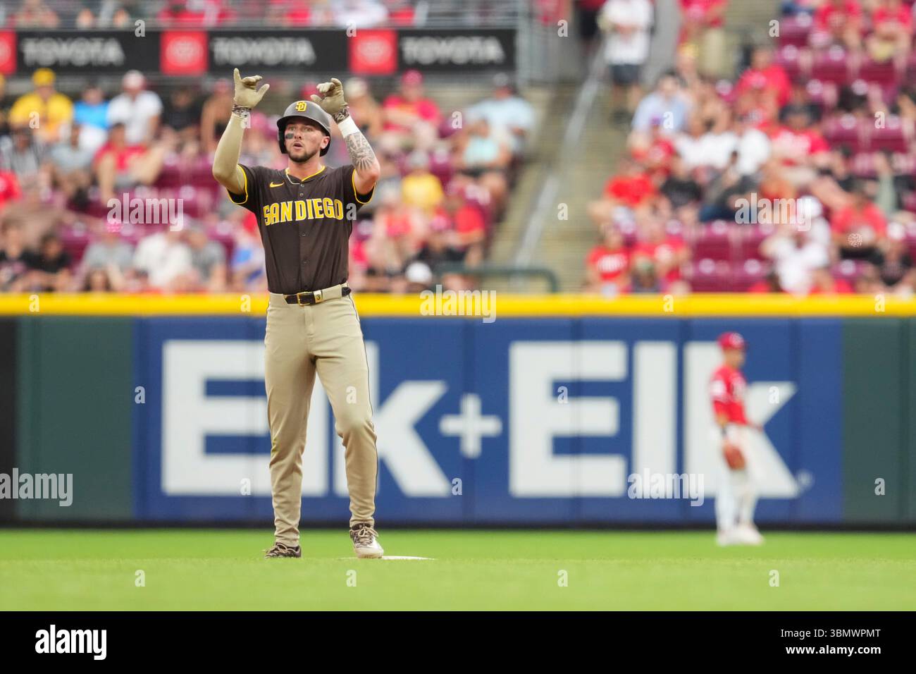 San Diego Padres' Jackson Merrill reacts after hitting a double during ...