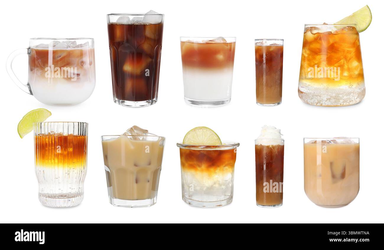 Different cold coffee drinks isolated on white, set Stock Photo - Alamy