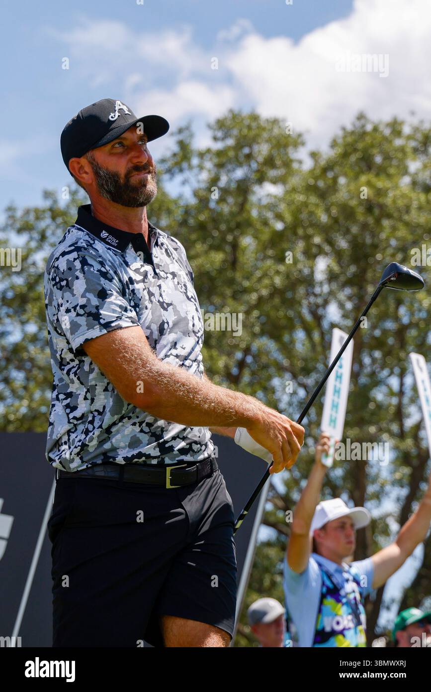 CARROLLTON, TX - JUNE 28: Dustin Johnson of the Aces watches his tee ...