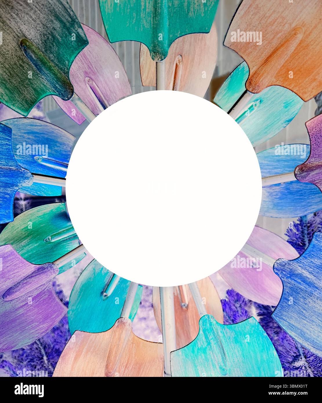 Floral petal design in multicolors has round text space in center ...