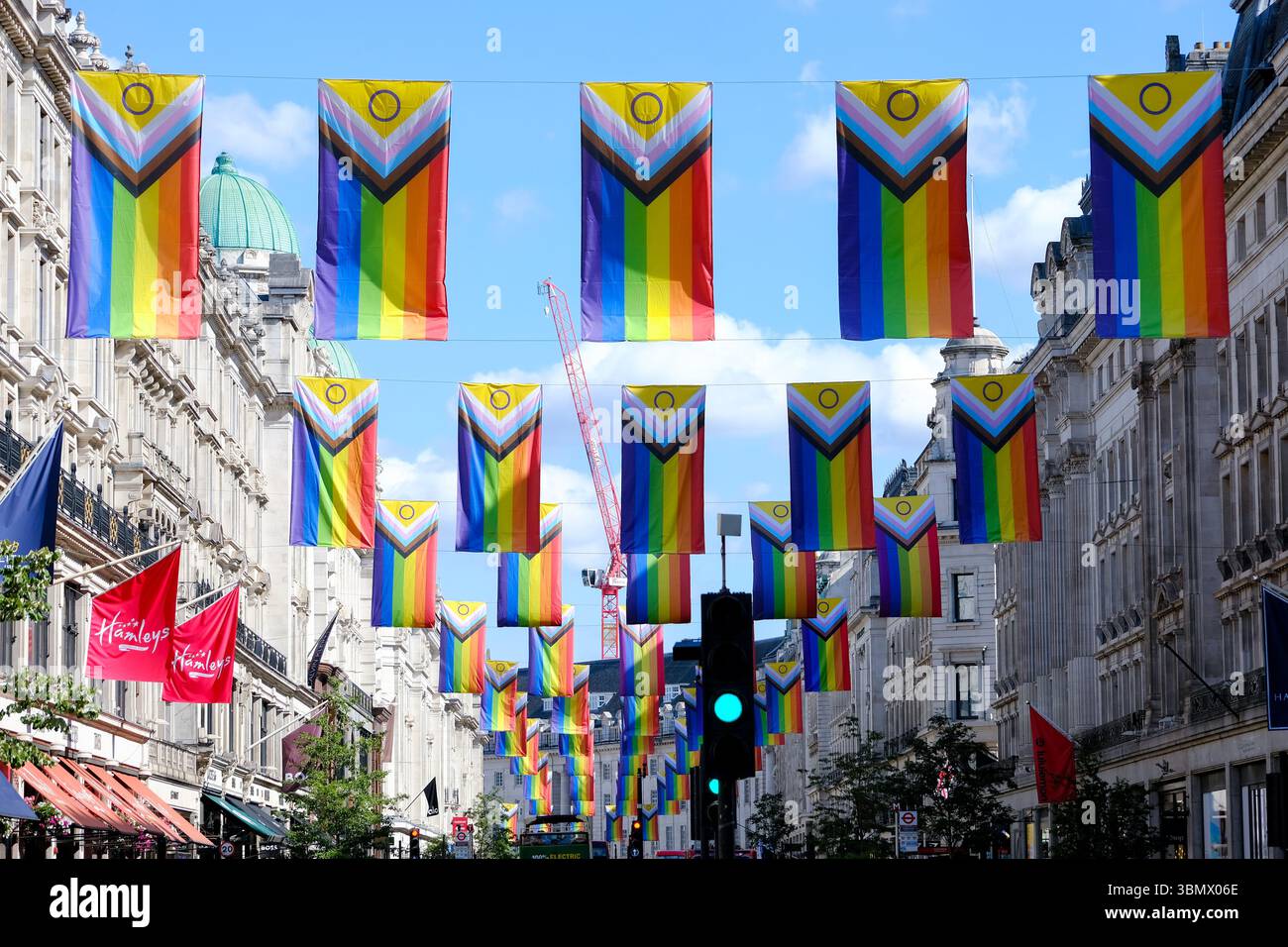 London, UK. 28th June, 2025. Pride flags are displayed in Regent Street ...