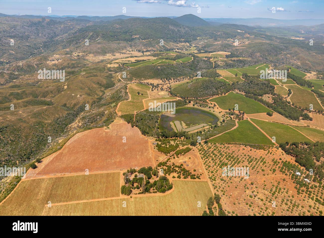 Aerial view of green hills and agricultural fields of Lake County ...