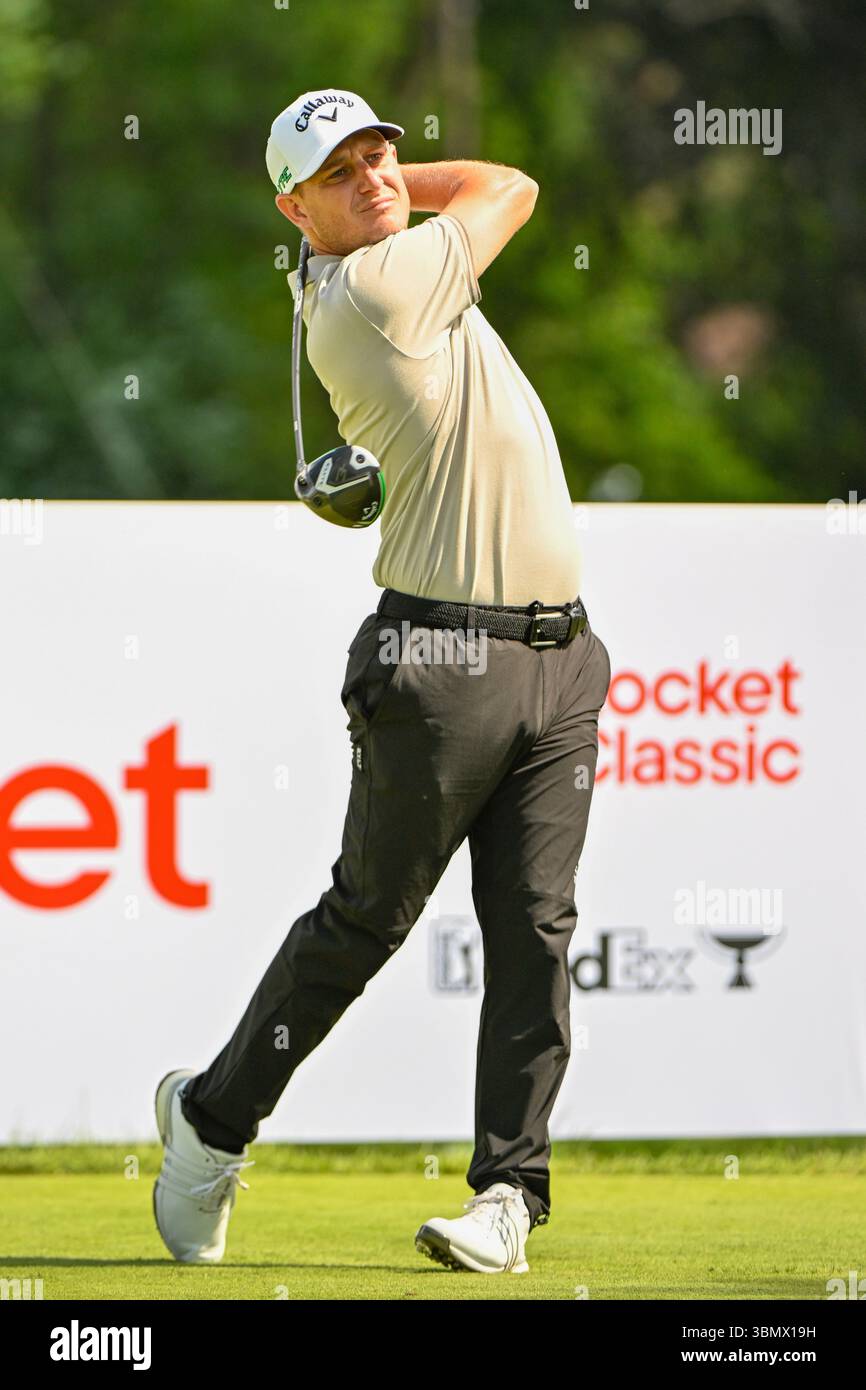 DETROIT, MI - JUNE 28: Emiliano Grillo (ARG) watches his tee shot on 2 ...