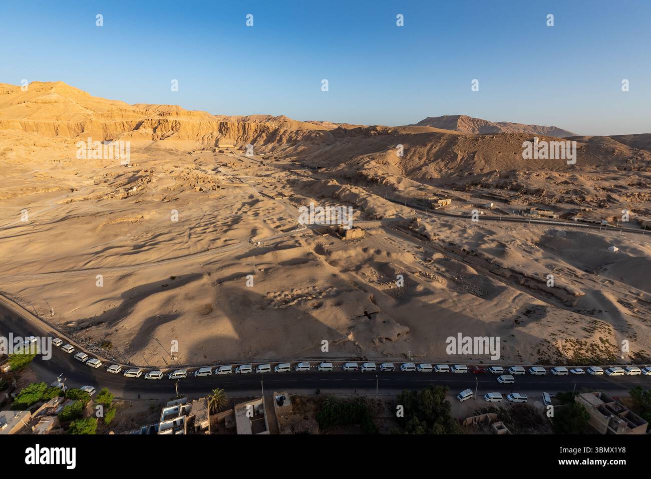 Aerial view of Valley of the Kings and line of buses waiting to shuttle ...