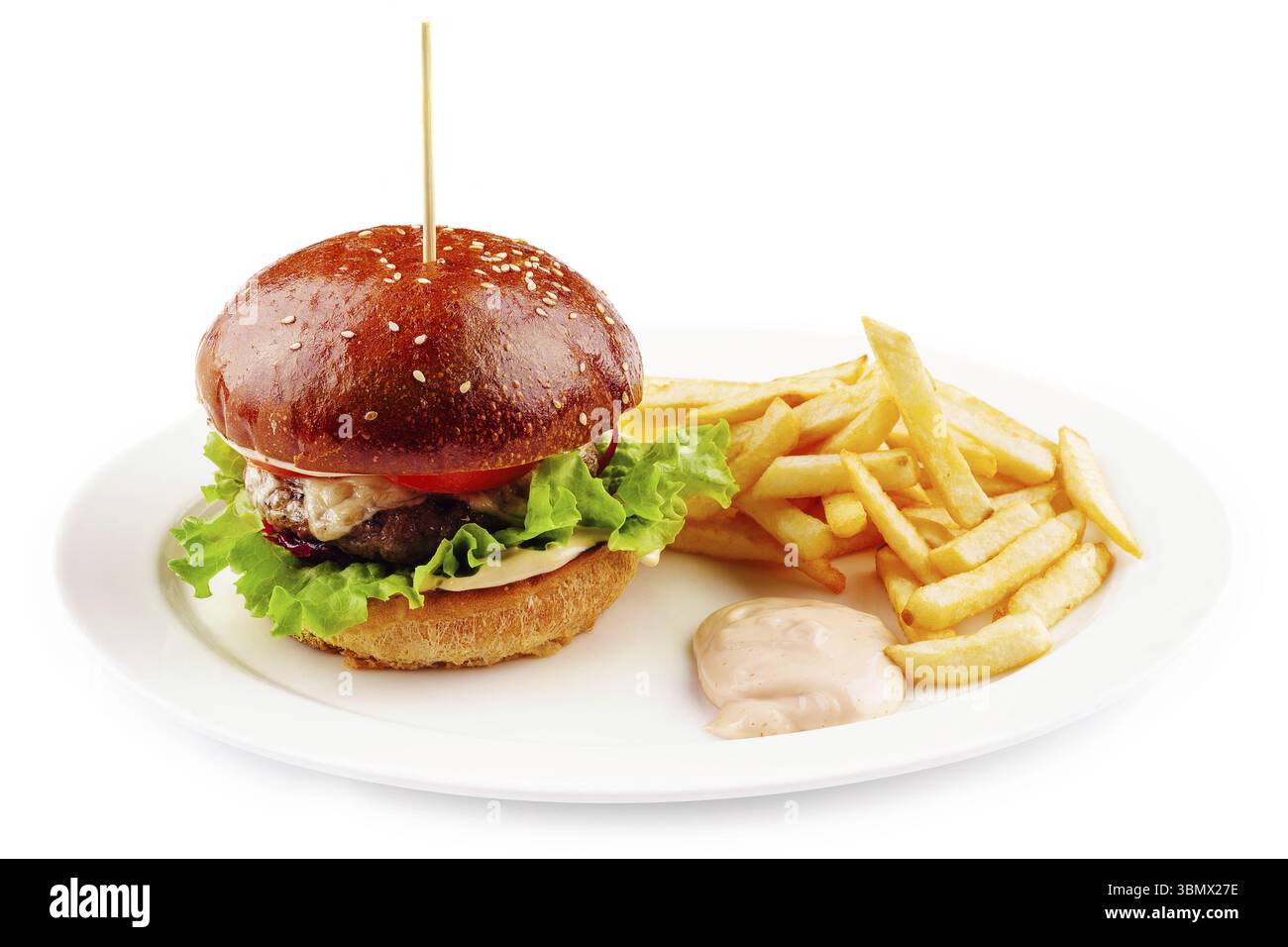 food still-life, Classic beef burger with cheese and french fries Stock ...