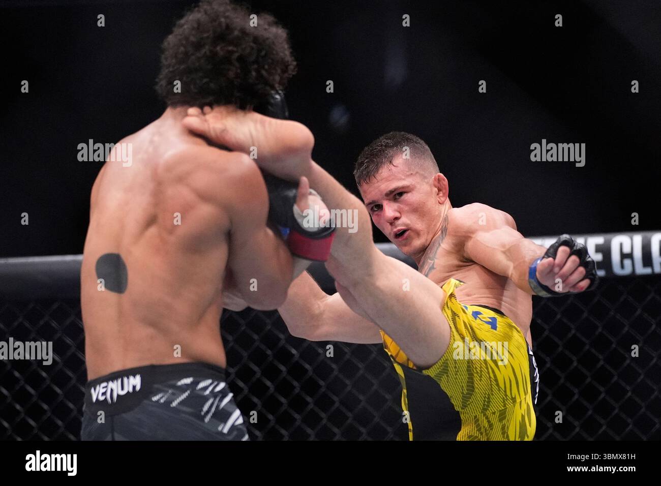 Felipe Lima kicks Payton Talbott in a bantamweight fight at UFC 317 ...