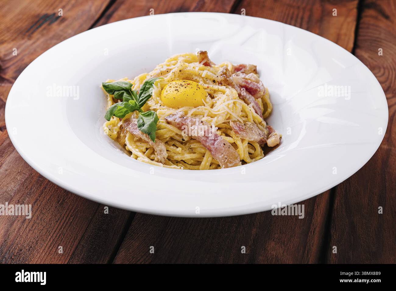 food still-life, Pasta carbonara with bacon, egg and cheese Stock Photo ...