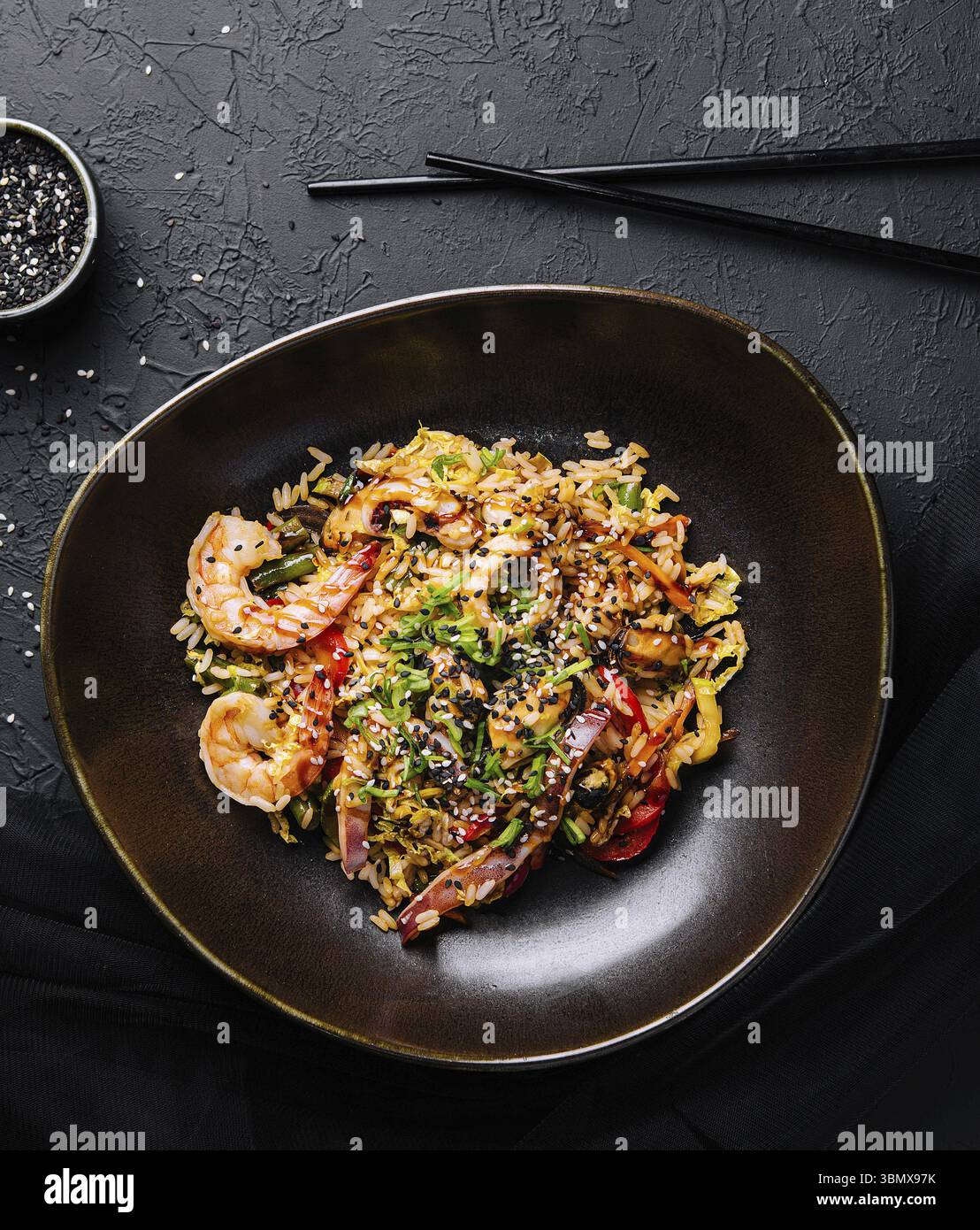 food still-life, Top view of fried rice with seafood and vegetables ...