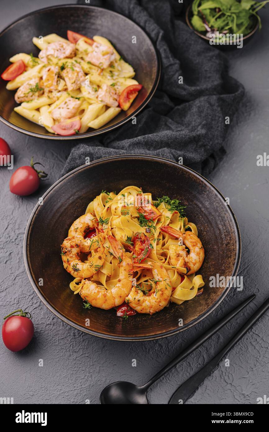 food still-life, Fettuccine pasta with shrimp and tomatoes Stock Photo ...