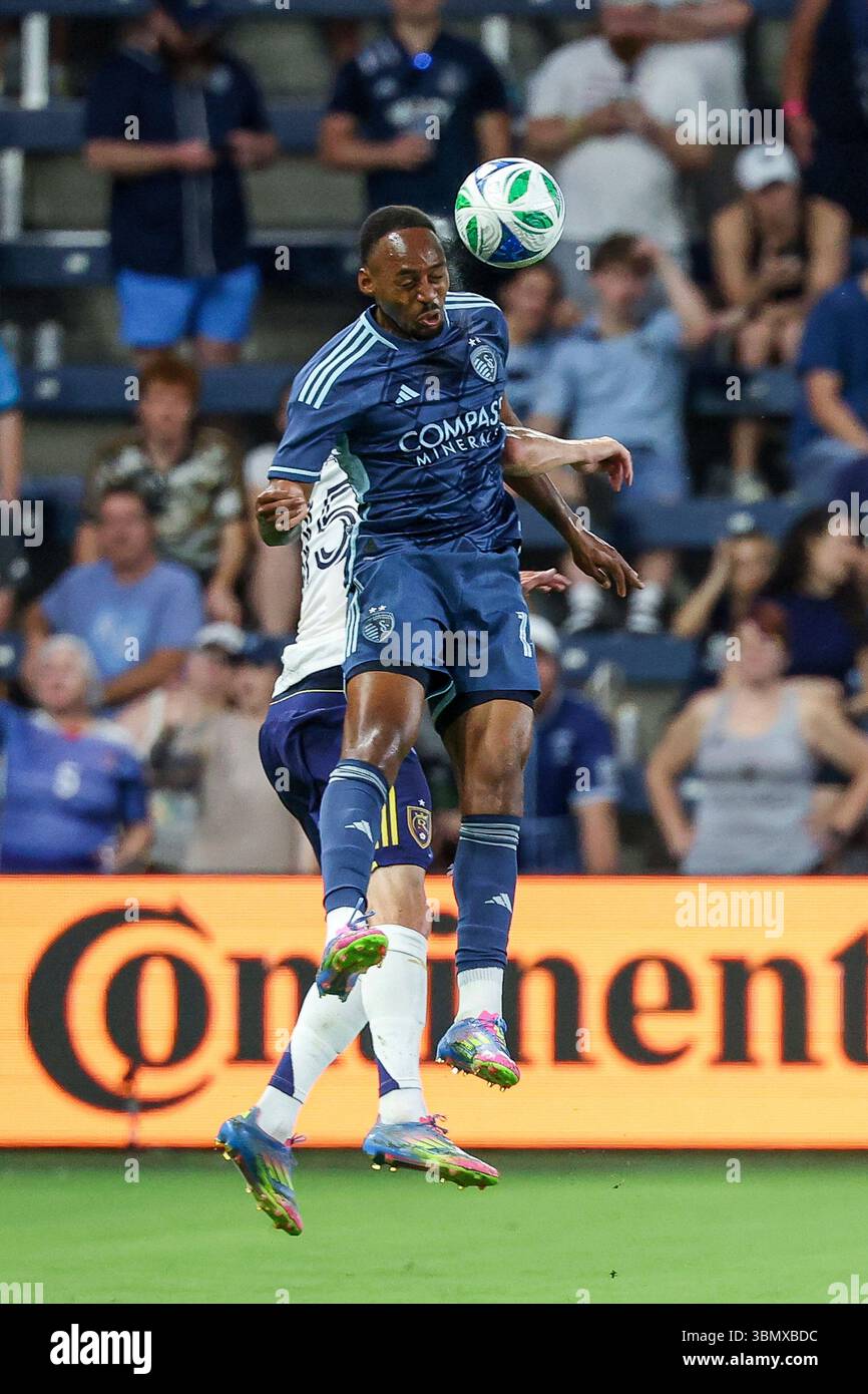 June 28, 2025: Sporting Kansas City forward Mason Toye (13) heads the ...