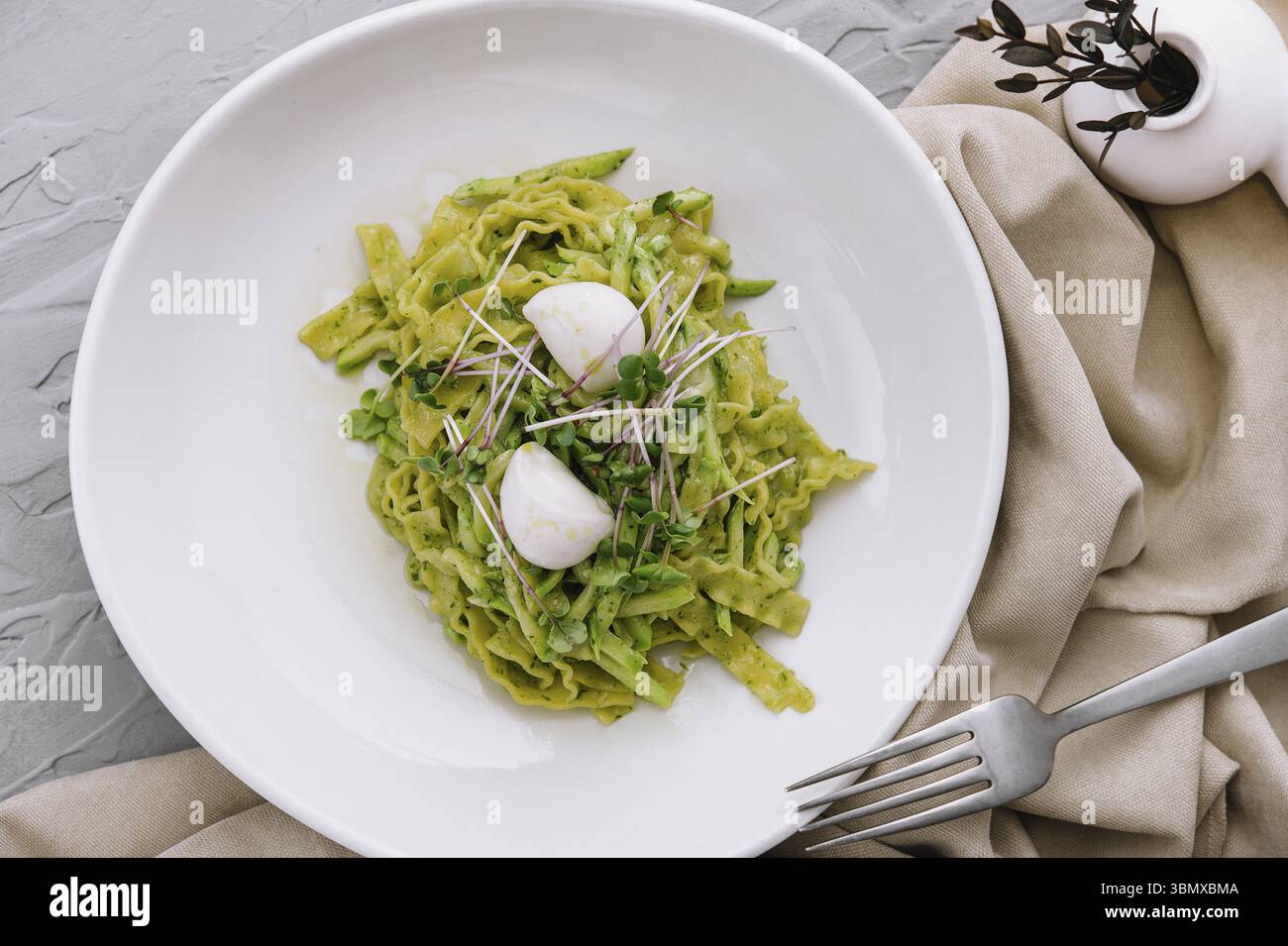 food still-life, Pasta with mozzarella on top view Stock Photo - Alamy