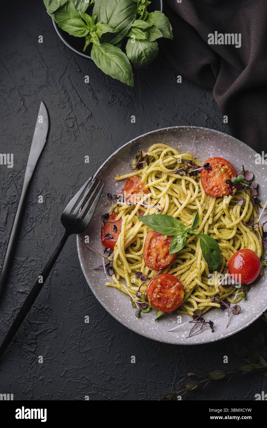 food still-life, Vegetarian pasta spaghetti with basil pesto and cherry ...