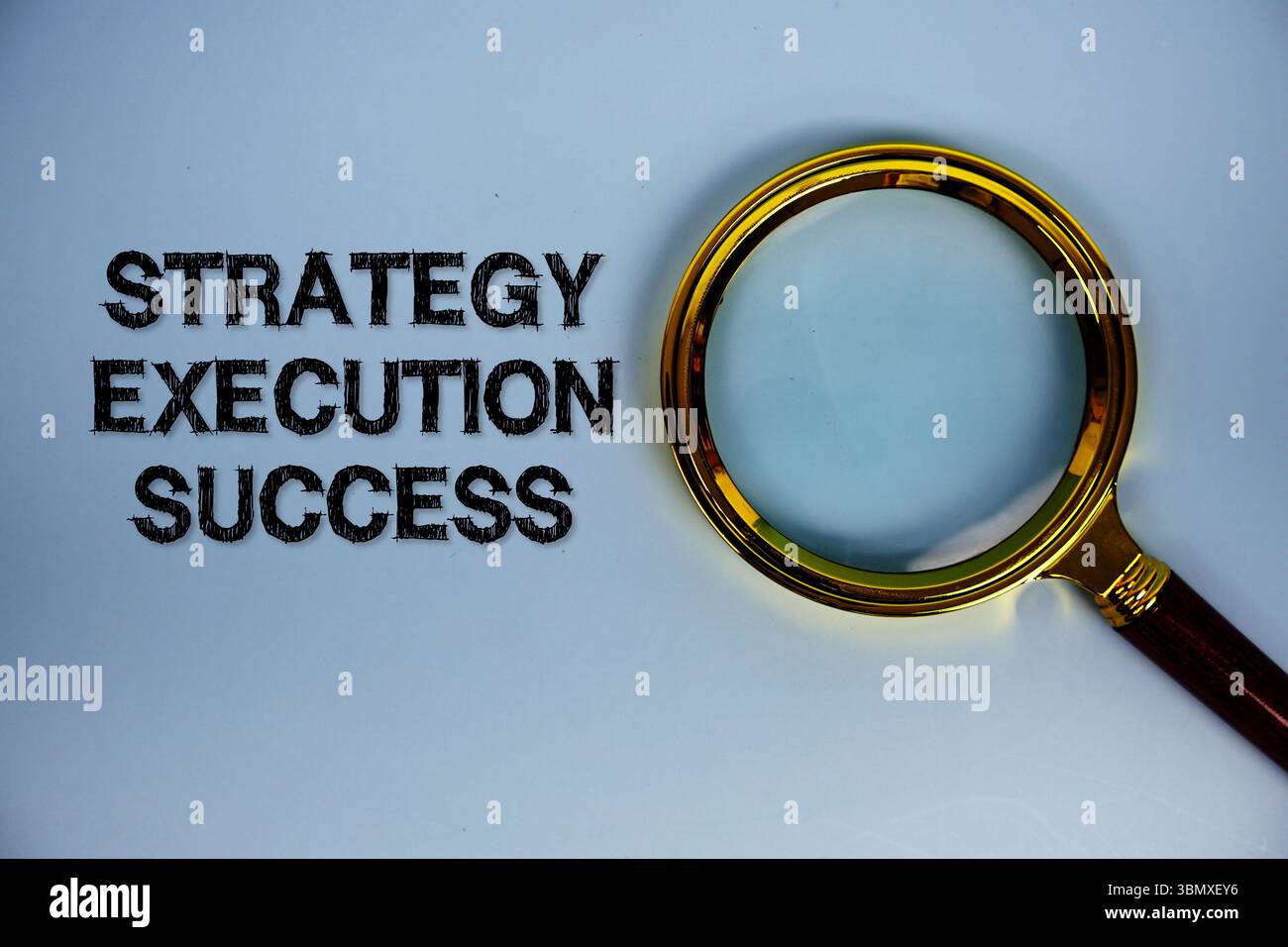 Strategy Execution Success text with magnifying glass on blue ...
