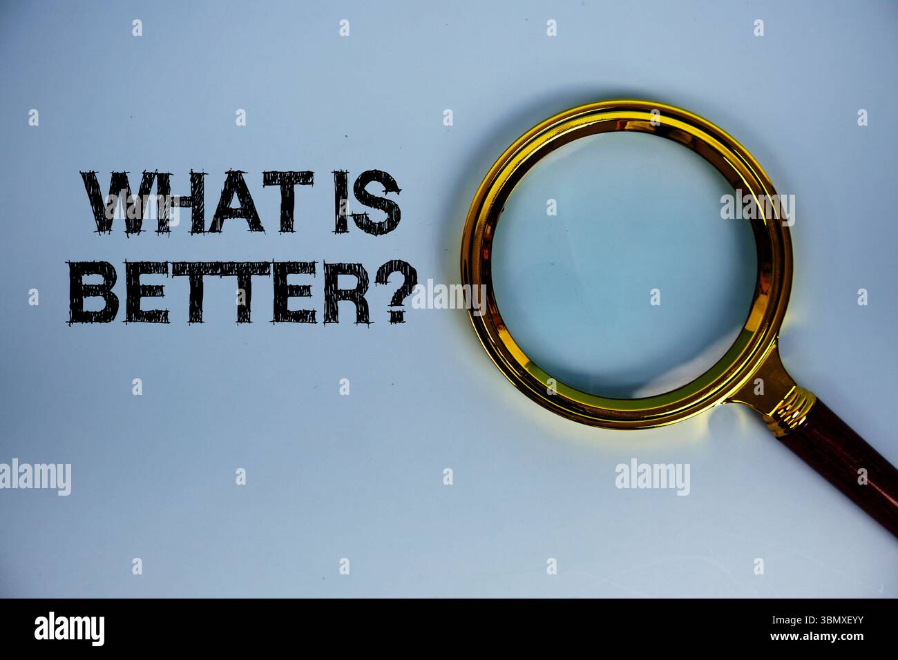 What Is Better? text with magnifying glass on blue background Stock ...