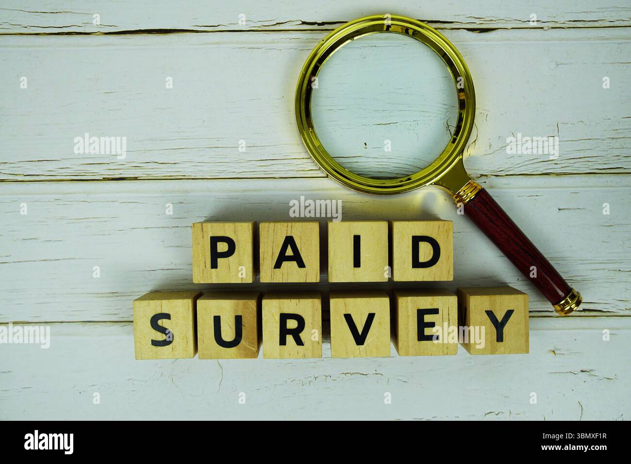 Paid Survey with wooden blocks alphabet letters and magnifying glass ...