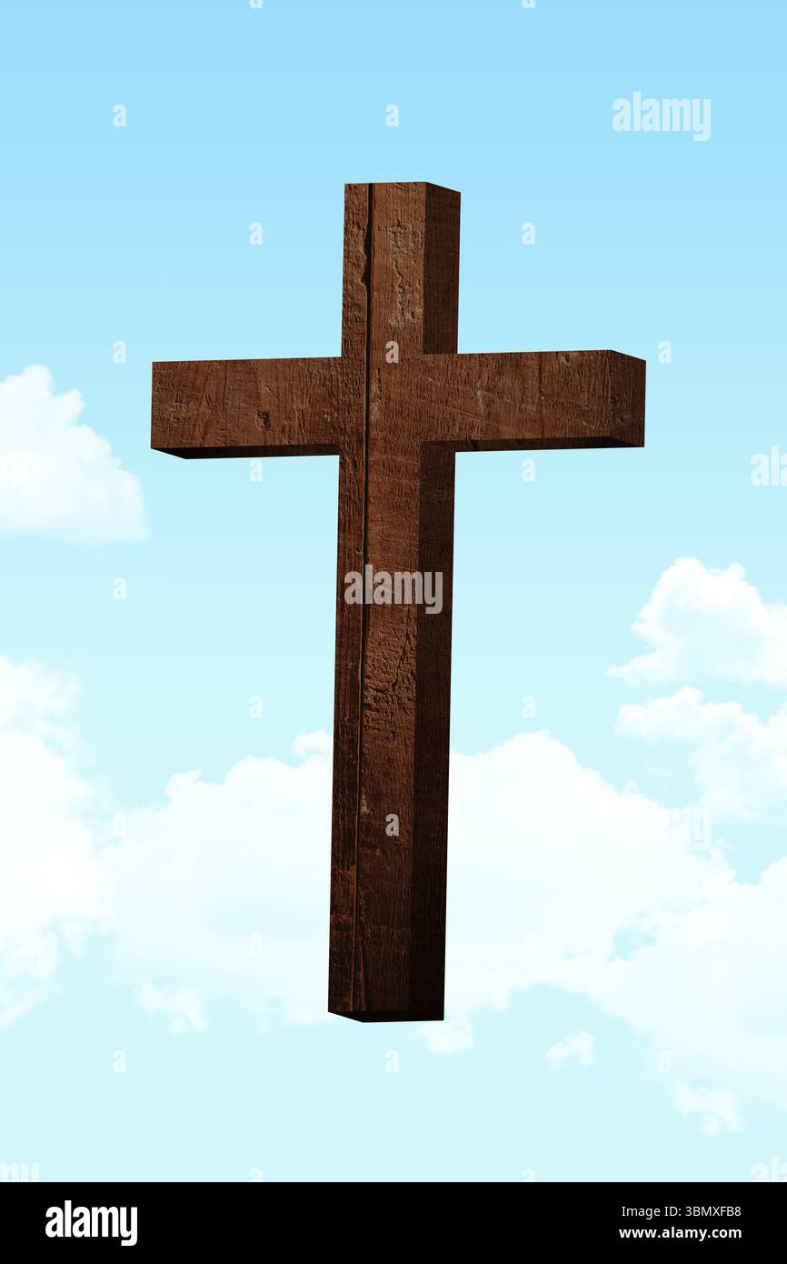 3D render is showing rugged wooden cross floating against pale blue sky ...