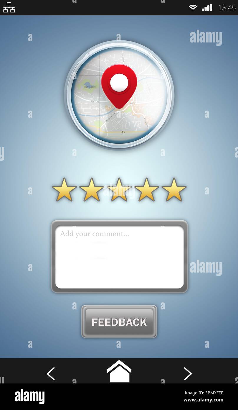 Flat design feedback screen is showing red pin on circular map, stars ...