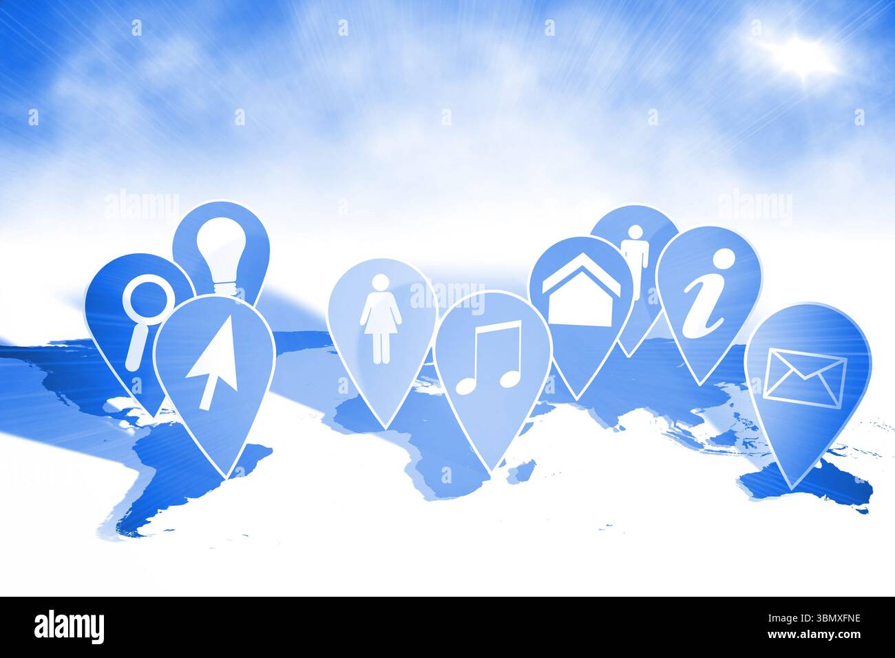 Digital illustration showing nine translucent map markers over world ...