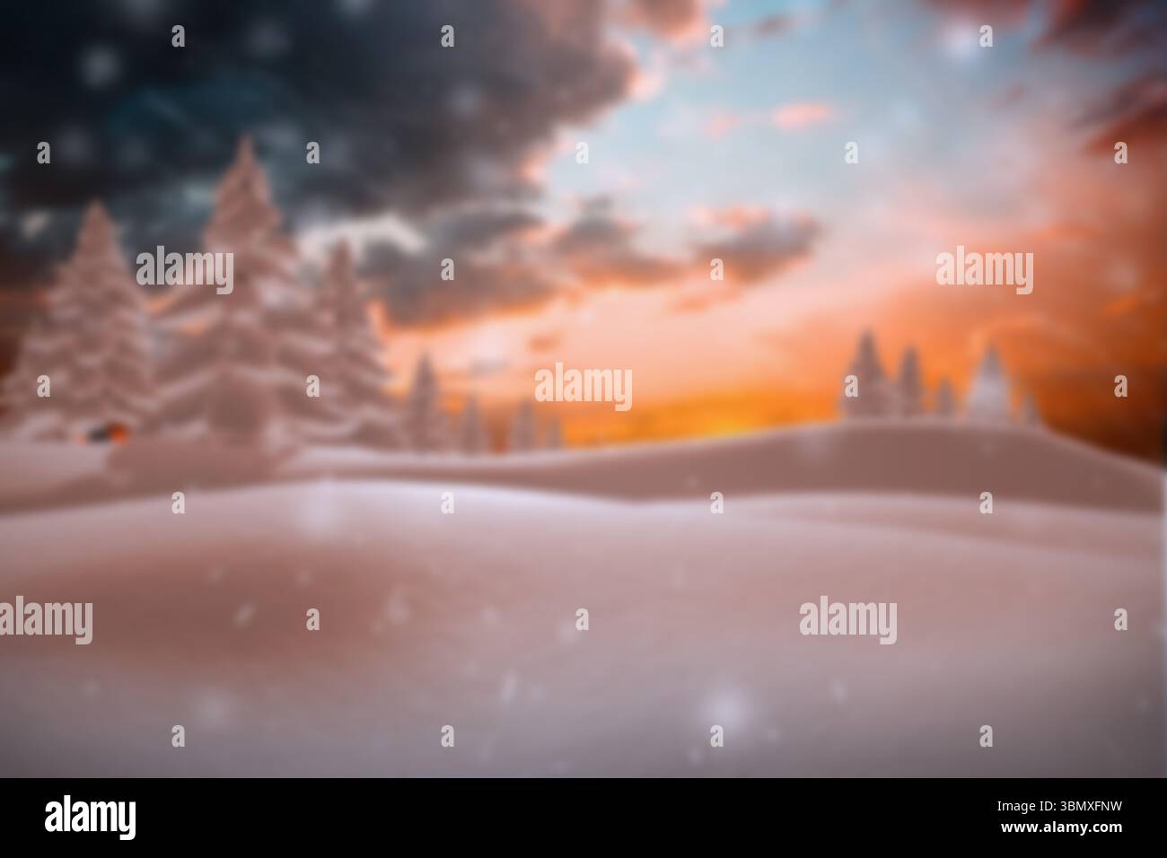 Flat design scene is showing snowdrifts framing glowing sunset sky with ...