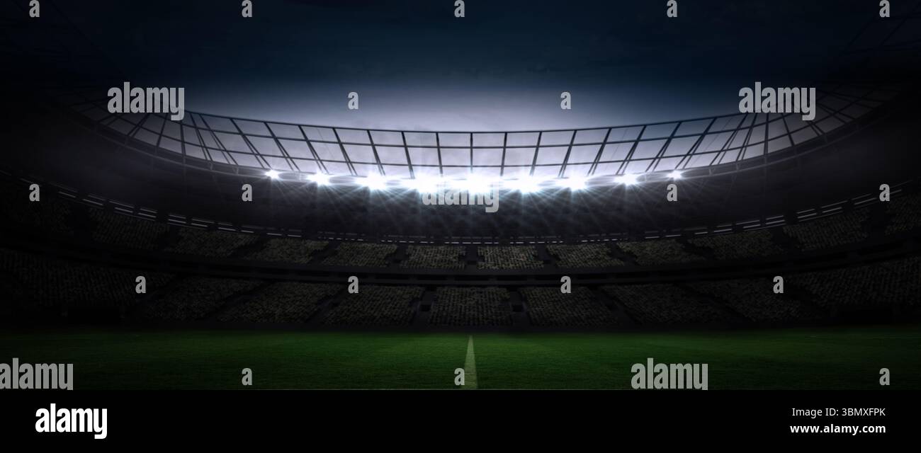 Flat design stadium is showing floodlit grass pitch center line under ...
