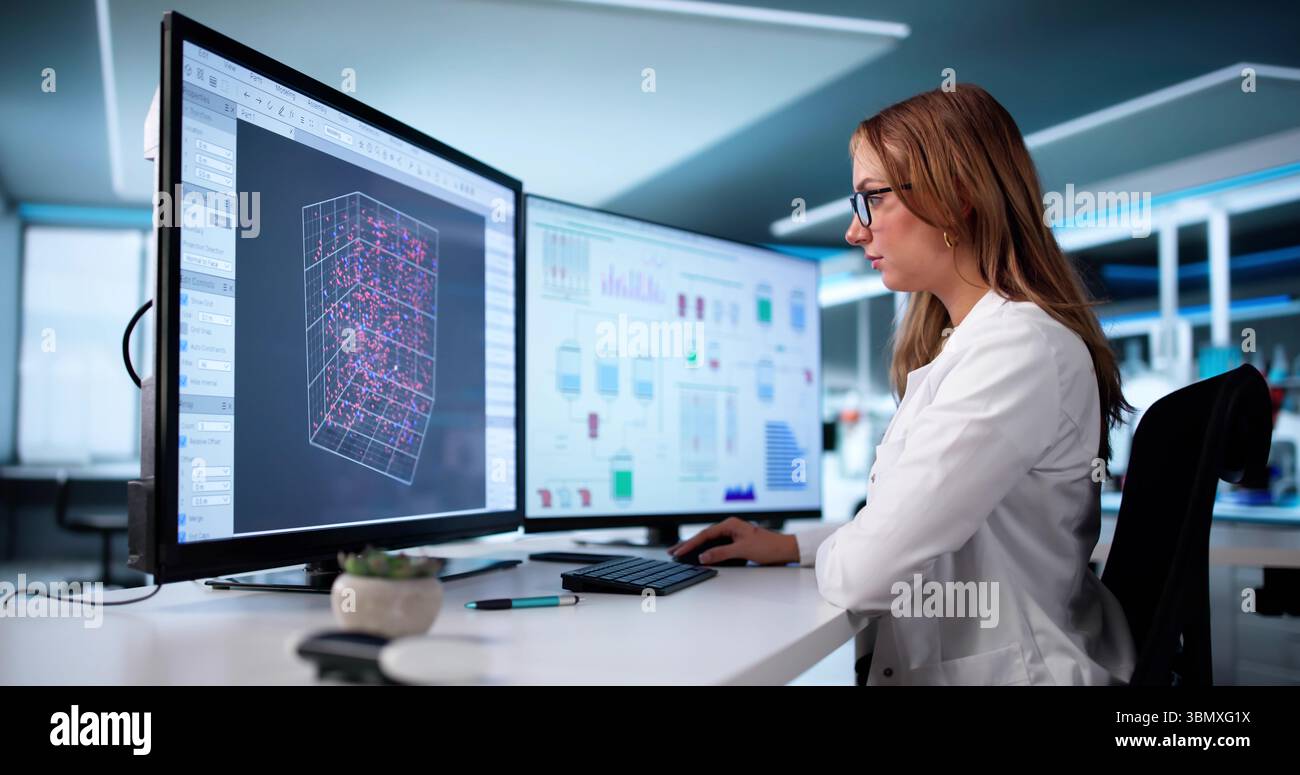 Innovative Woman Conducts Research In Lab Using Advanced Computer ...