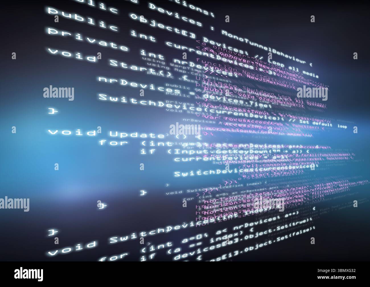 Stylized glowing 3D code lines are floating across blurred blue purple ...