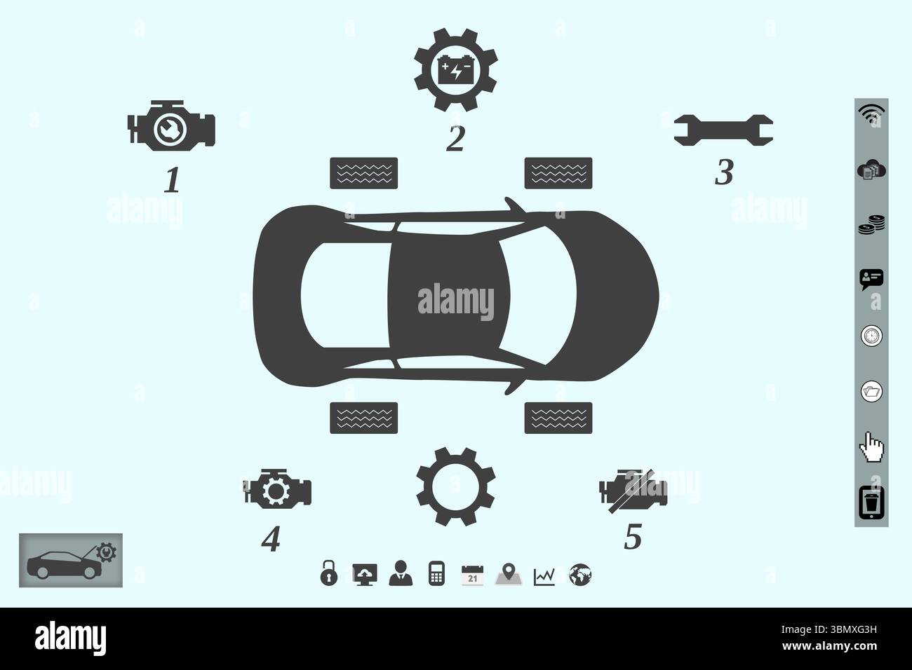 Flat design is showing top-down car with diagnostic icons and UI toolbars on light blue ...