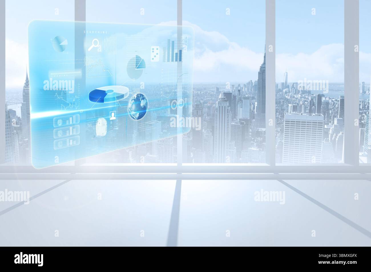 Blue holographic dashboard is hovering over highrise office, showing charts, globe in 3D render ...