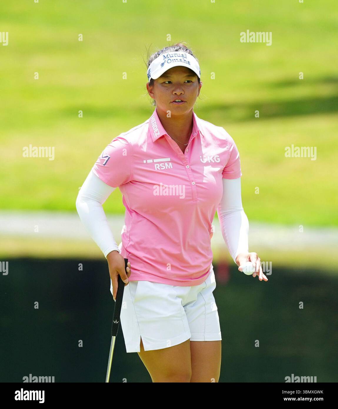 MIDLAND, MI - JUNE 28: LPGA golfer Megan Khang reacts to making a ...