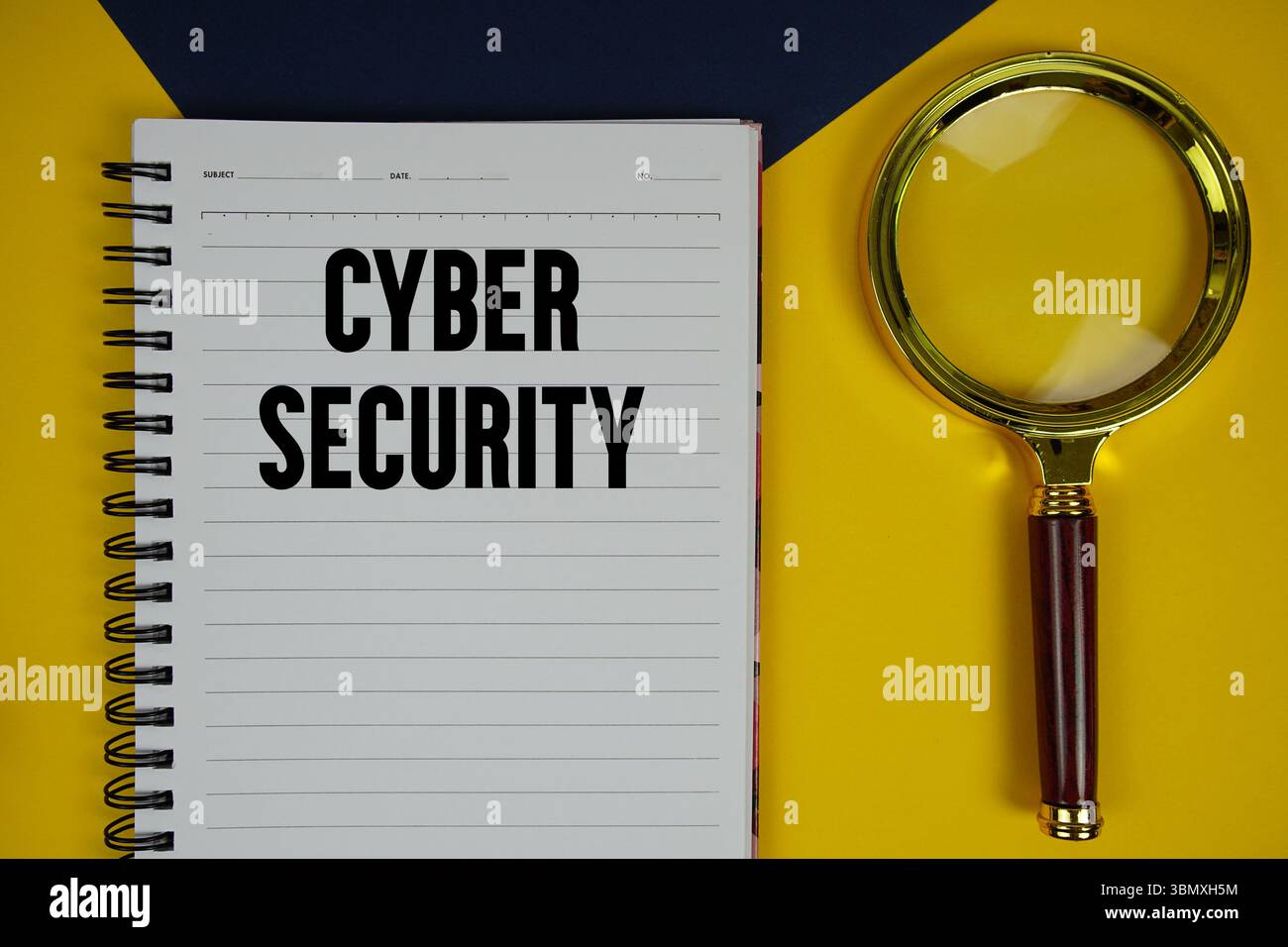 Cyber Security text with magnifying glass on yellow background Stock ...