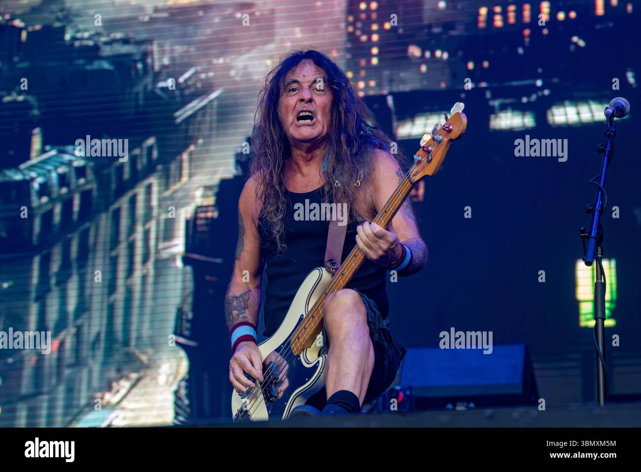 Steve Harris seen live on stage playing Bass with band Iron Maiden ...
