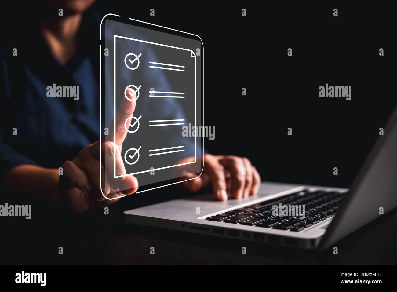 Woman using tablet, laptop futuristic digital interface icons manages checklist online quality ...