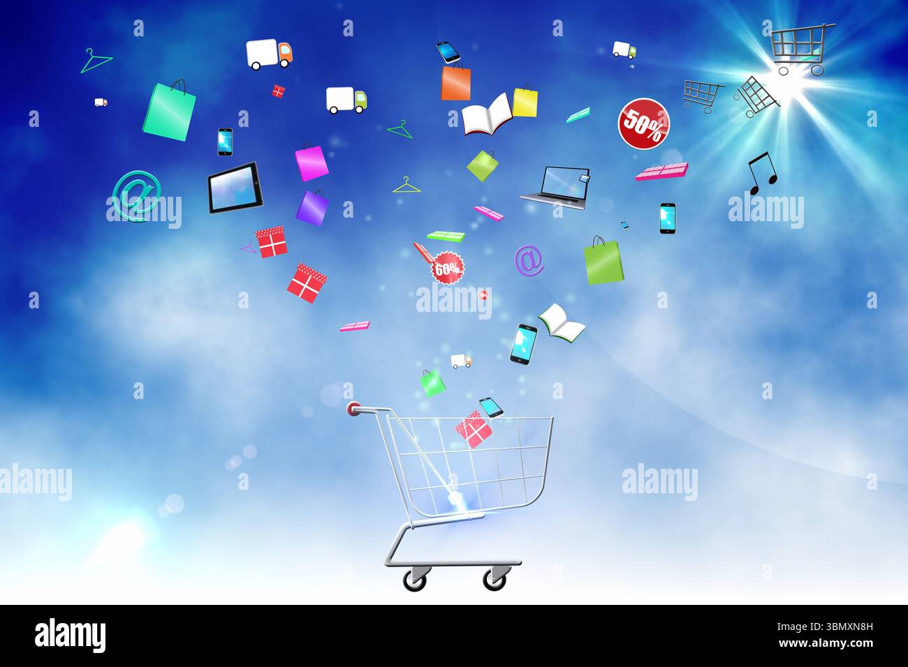 Floating application icons with trolley Stock Photo - Alamy