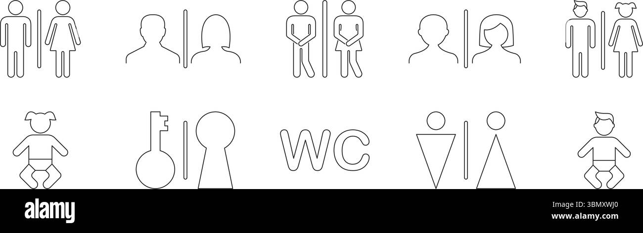 Restroom And Gender Symbols Line Icon Set. Public Toilet, Male And ...