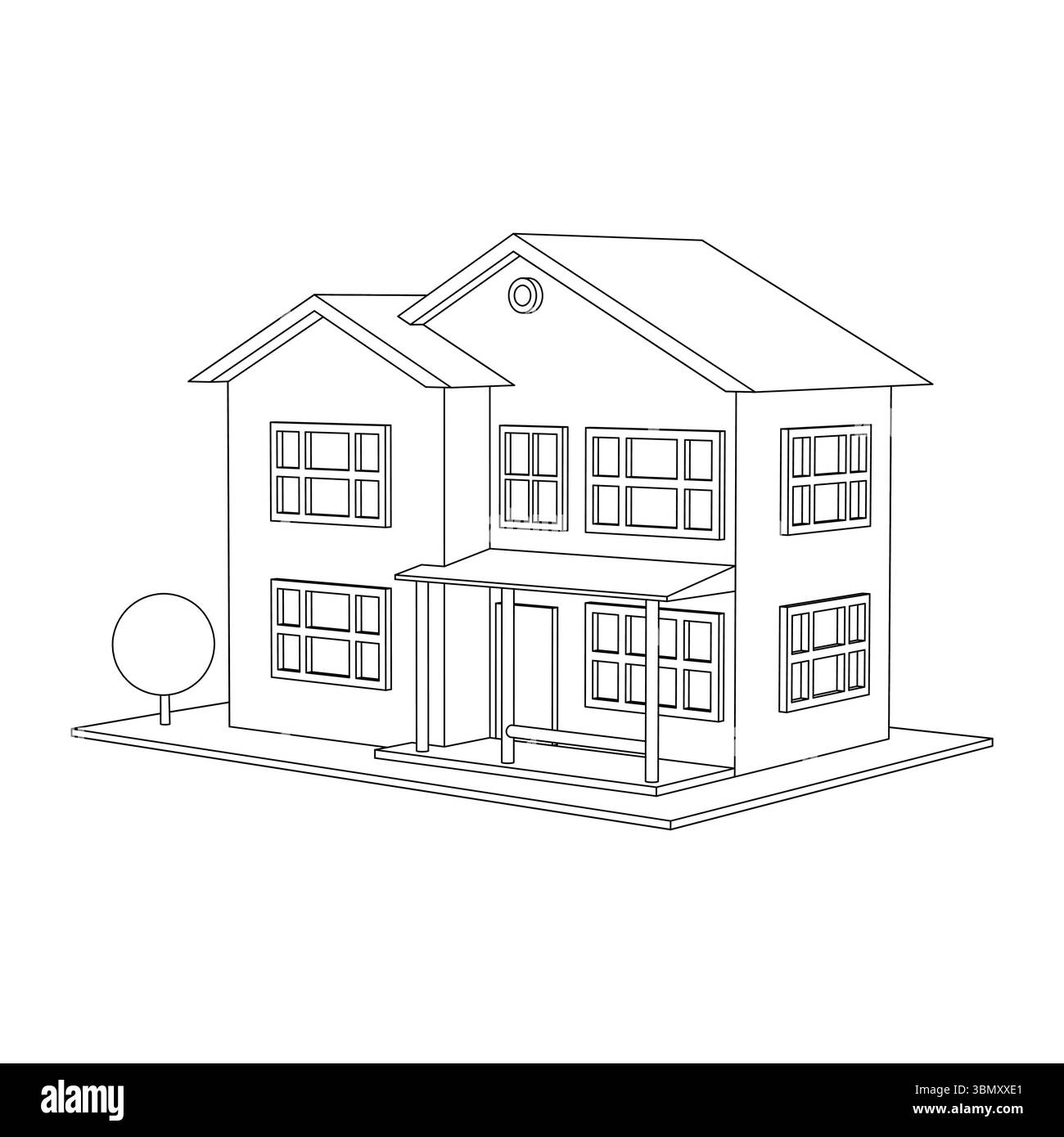 3D suburban house model. Drawing of the modern building. Cottage ...