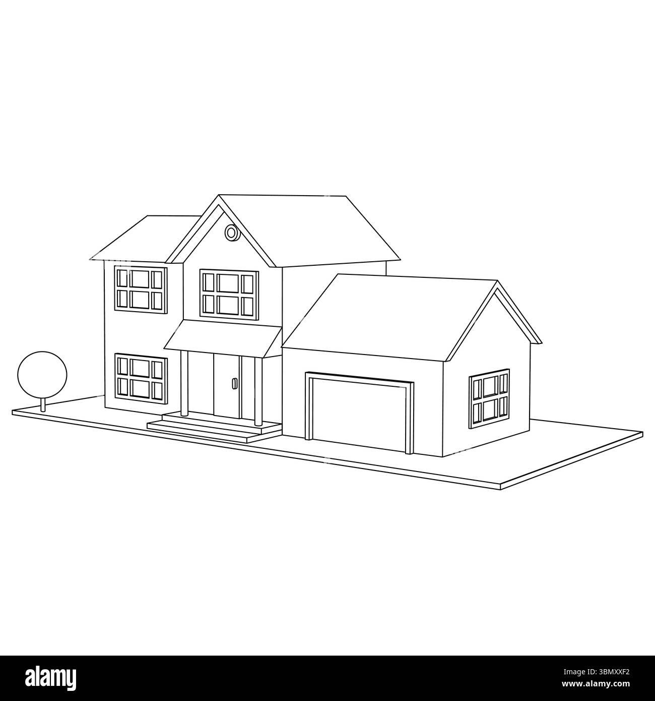 3D suburban house model. Drawing of the modern building. Cottage ...