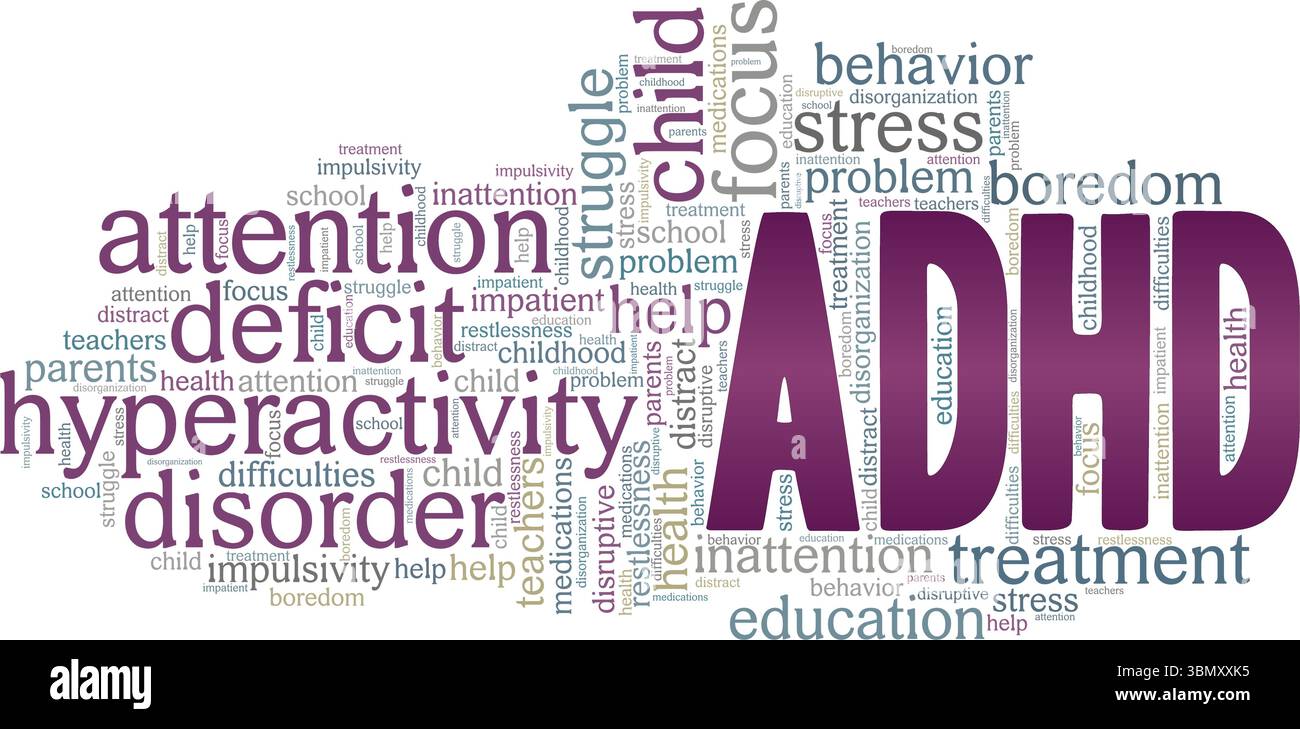 Attention Deficit Hyperactivity Disorder ADHD vector illustration word cloud isolated on a white ...