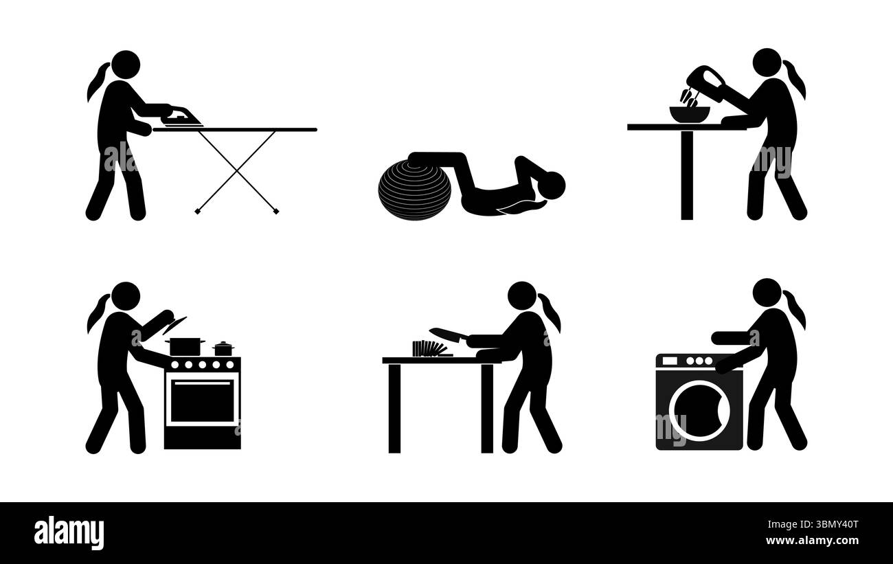 Set of stick figures, cooking and housework. Black silhouettes on white ...