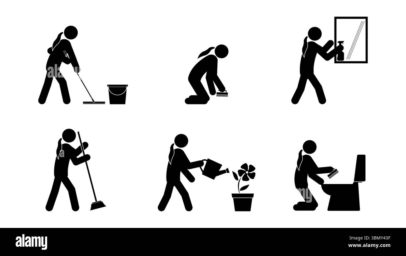 Set of stick figures, cleaning in the bathroom and house, flat vector ...