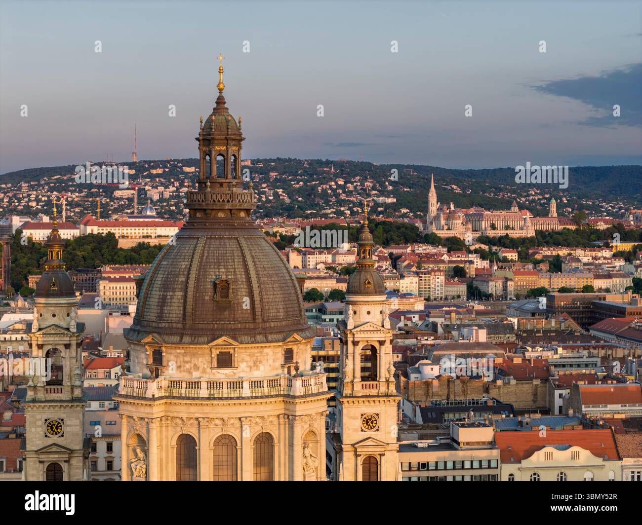 Hungary, Budapest. Towers and view terrace of St Stephens basilica ...