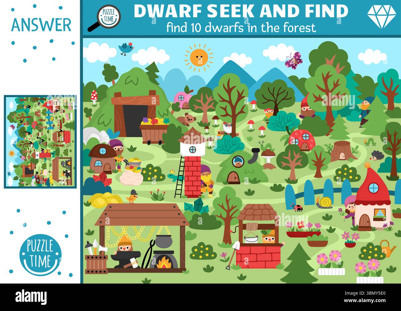 Vector dwarf searching game with magic forest landscape. Spot hidden ...