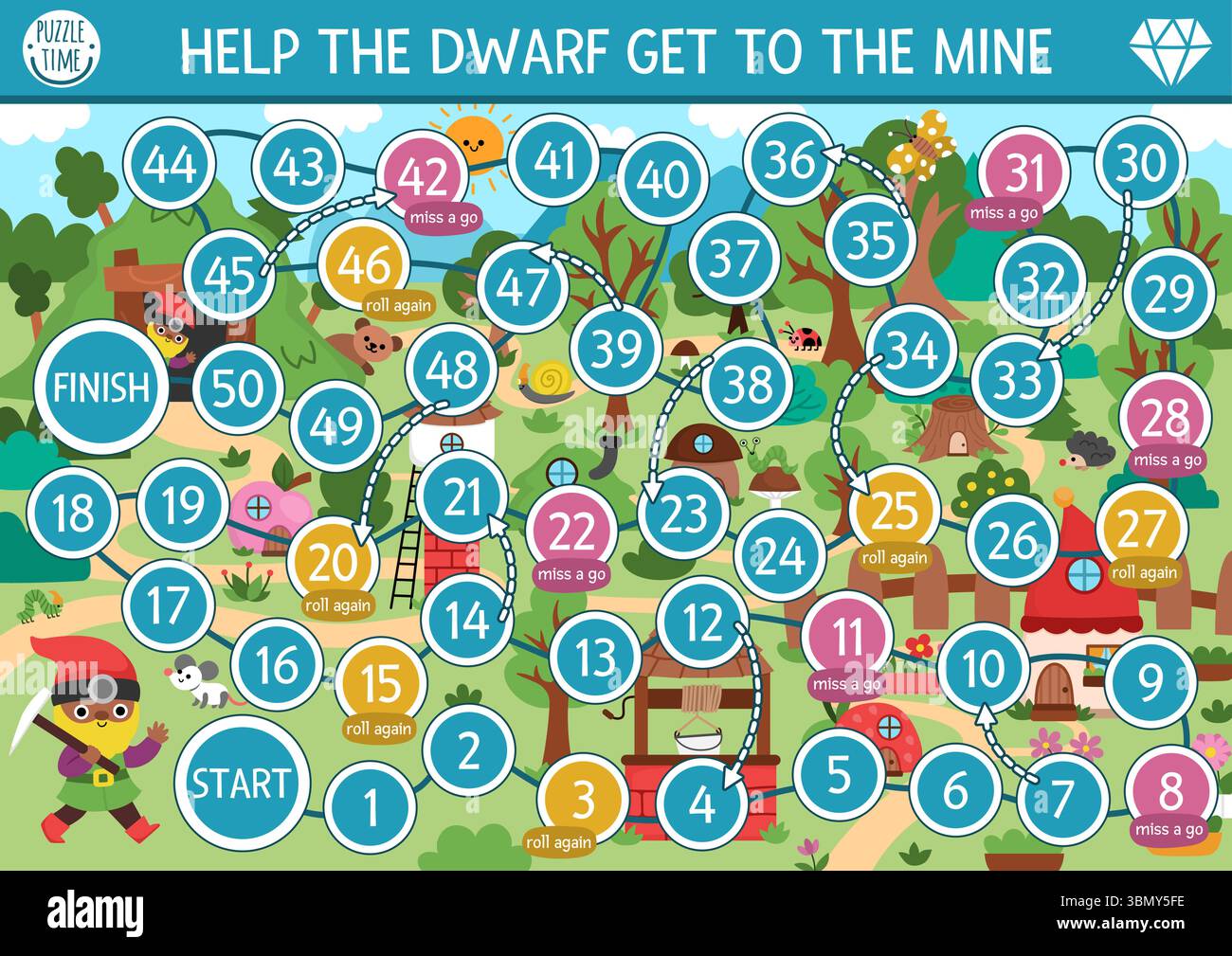 Dwarf dice board game for children with cute gnomes and magic land ...