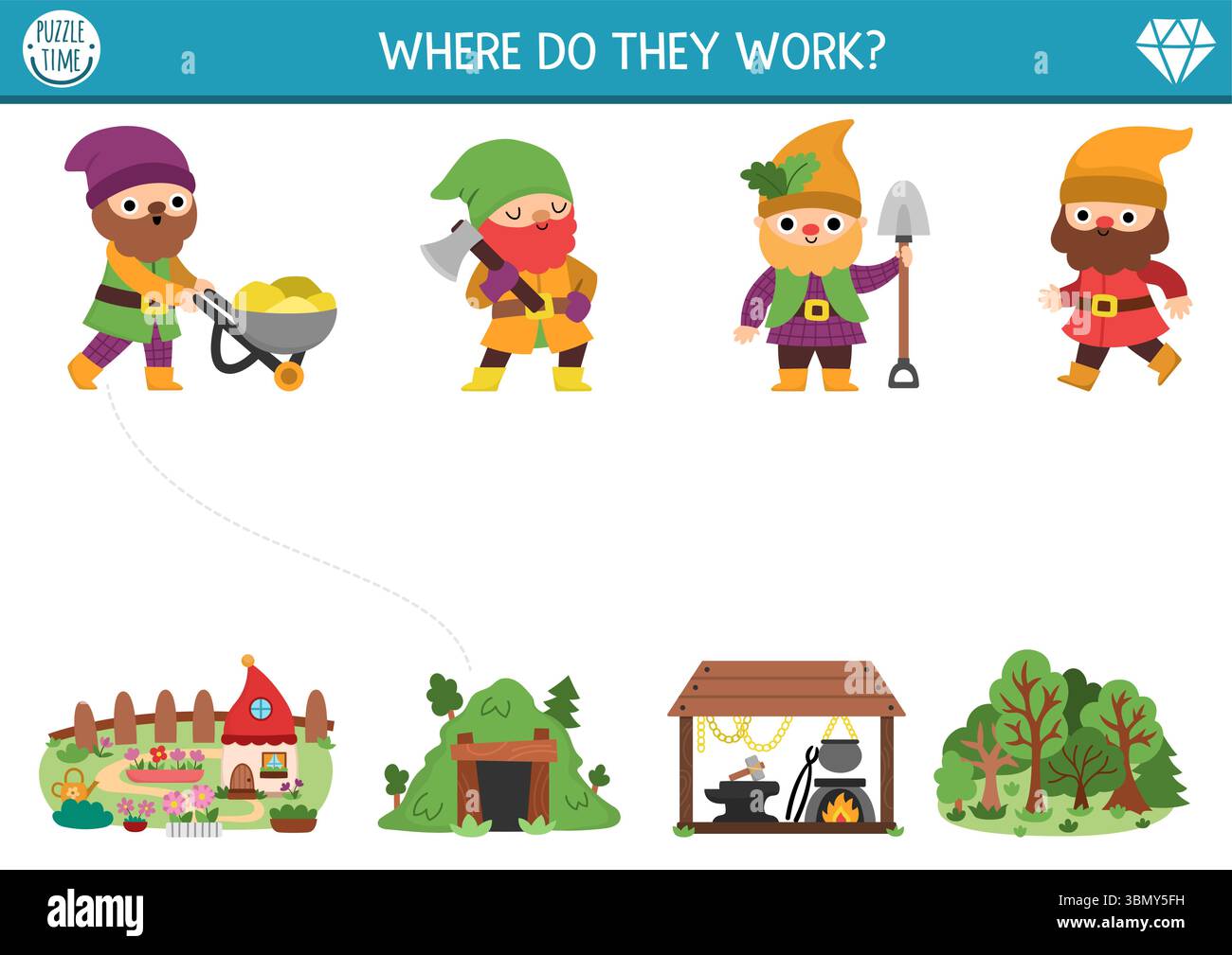 Matching activity with dwarfs going to work. Forest fairytale puzzle ...